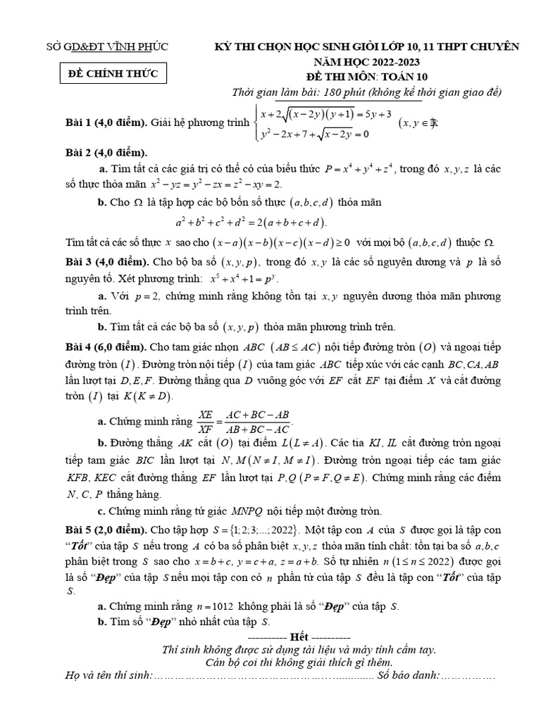 De Hoc Sinh Gioi Toan 10 Chuyen Nam 2022 2023 So GDDT Vinh Phuc | PDF