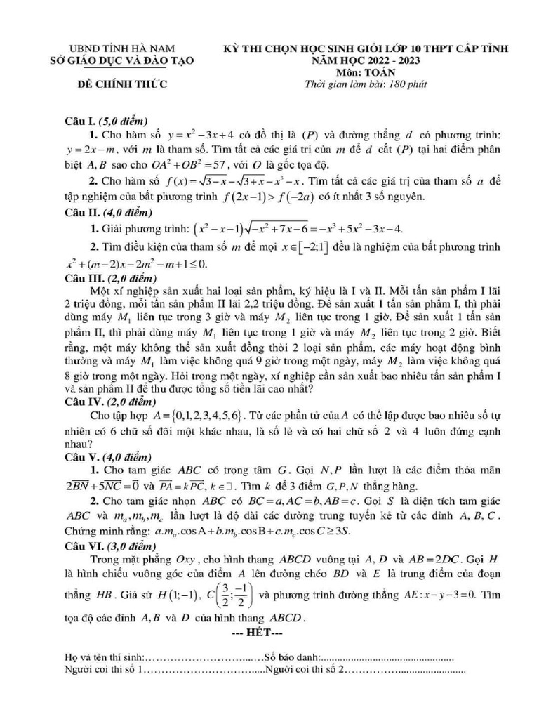 De Hoc Sinh Gioi Toan 10 Cap Tinh Nam 2022 2023 So GDDT Ha Nam | PDF