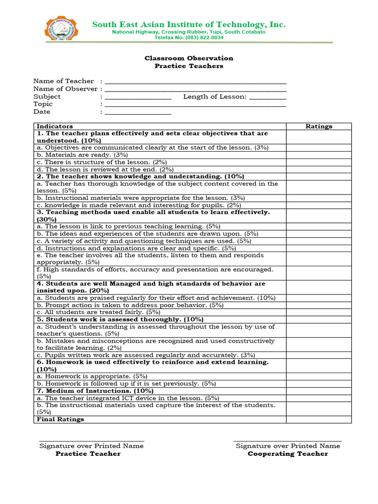 Classroom Observation Checklist For Practice Teachers FINAL | PDF ...