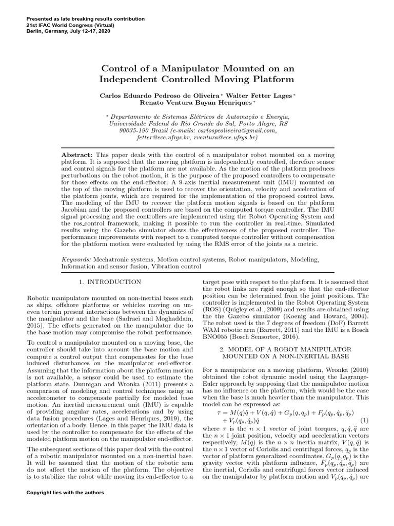 Control of A Manipulator Mounted On An Independent Controlled Moving Platform | PDF | Inertial ...