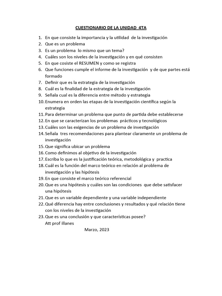 Cuestionario de La Unidad 4ta 2023 | PDF | Crecimiento personal y ...