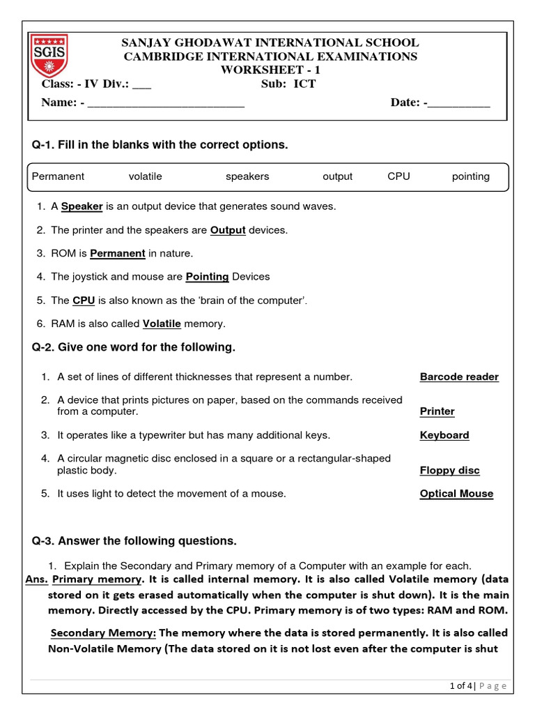 4 ICT Worksheet | PDF | Computer Data Storage | Random Access Memory