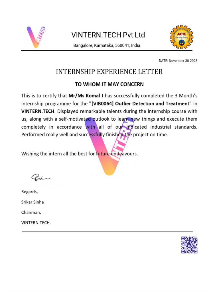 Internship Certificate for Komal J | PDF