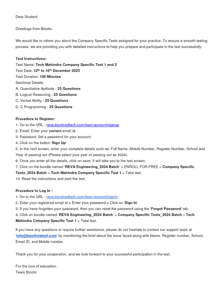 REVA Registration and Test Process - 2024 | PDF