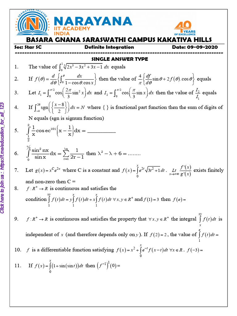 Definite Integration Hardcore DPP's | PDF | Analysis | Mathematical Relations