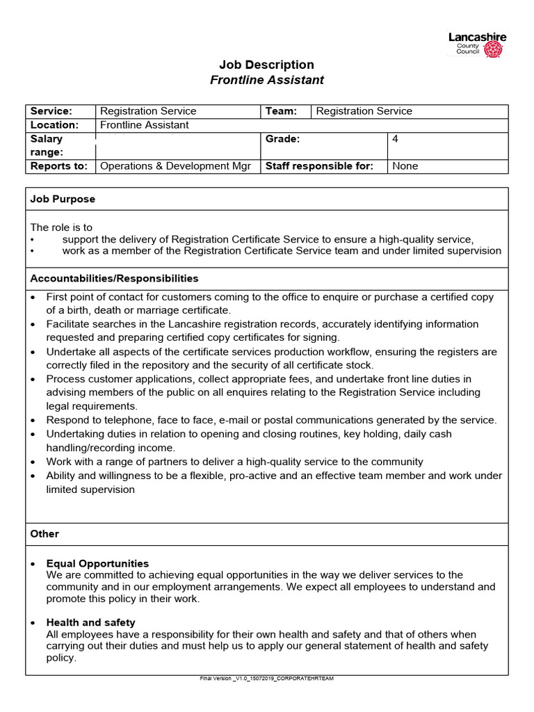 Frontline Assistant Job Description | PDF | Employment | Occupational ...