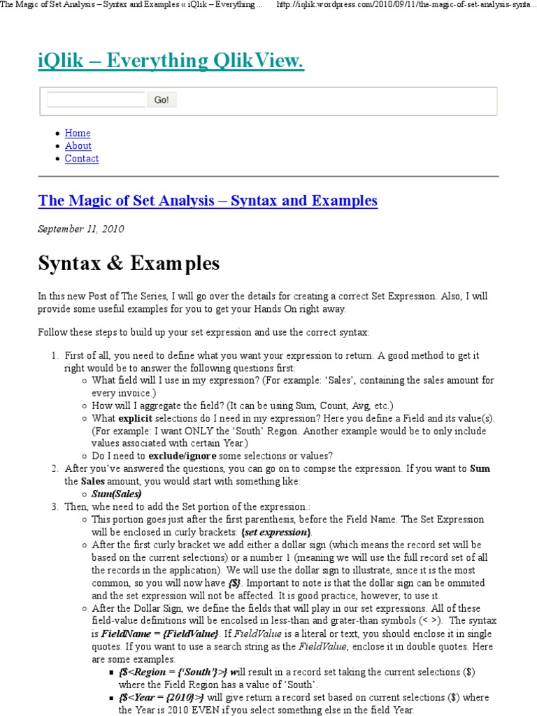 The Magic of Set Analysis - Syntax and Examples Iqlik - Everything QlikView. | PDF | Bracket | Email