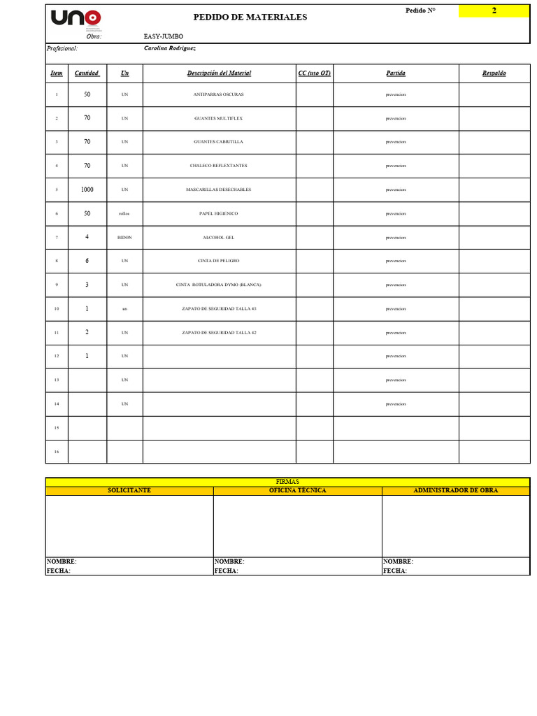 FORMATO PEDIDOS DE MATERIALES EPP | PDF