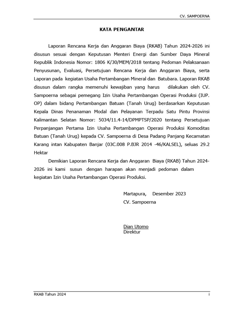 Daftar Isi RKAB CVS - 2024 | PDF | Bisnis