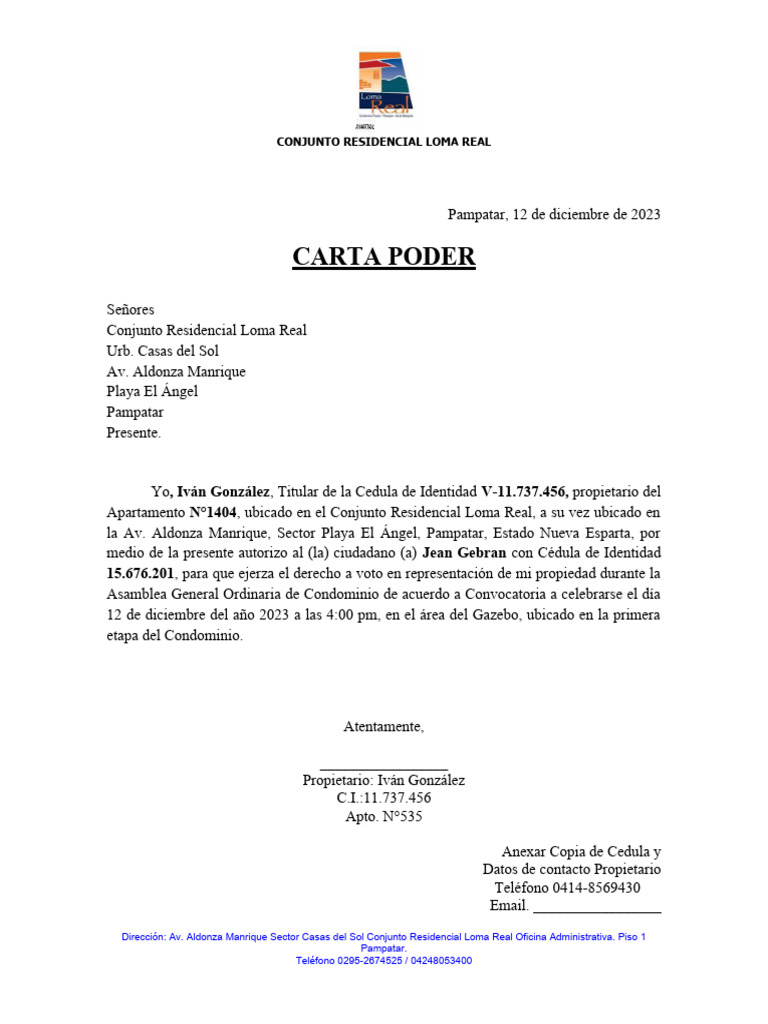 Carta Poder Asamblea 2022-2023 | PDF Carta Poder Asamblea 2022-2023 | PDF
