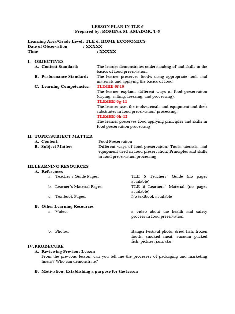 Sample Lesson Plan TLE 6 | PDF | Food Preservation | Fruit Preserves