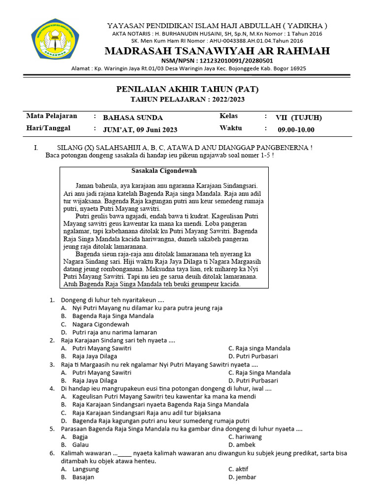 PAT BAHASA SUNDA Kls 7 MTs 2023 | PDF