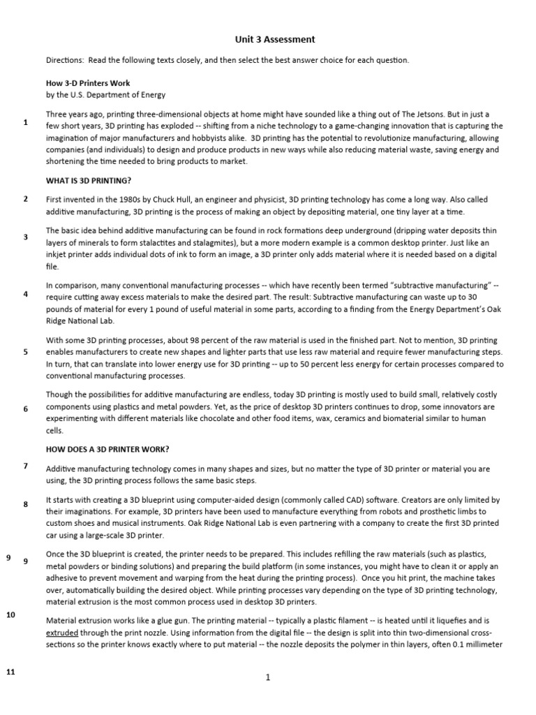 Grade 7 Unit 3 Assessment 1 | PDF | 3 D Printing | Printer (Computing)