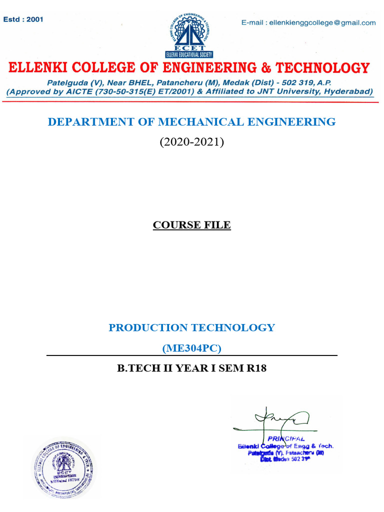 Production Technology Course File ME304PC | PDF | Welding | Construction