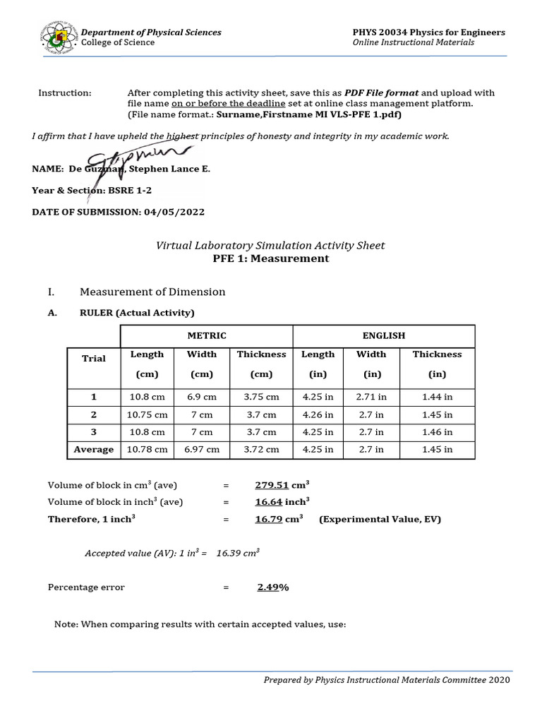 VLS PFE 1 Measurement Activity Sheet 1 | PDF | Measurement | Physical Sciences