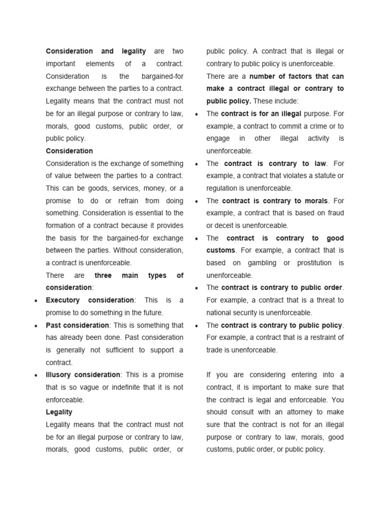 Consideration and Legality Are Two Important Elements of A Contract ...