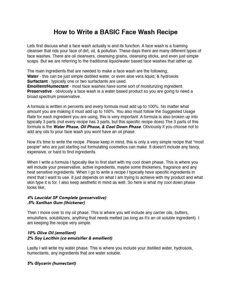 Basic Face Wash Recipe Guide | PDF | Surfactant | Chemical Substances