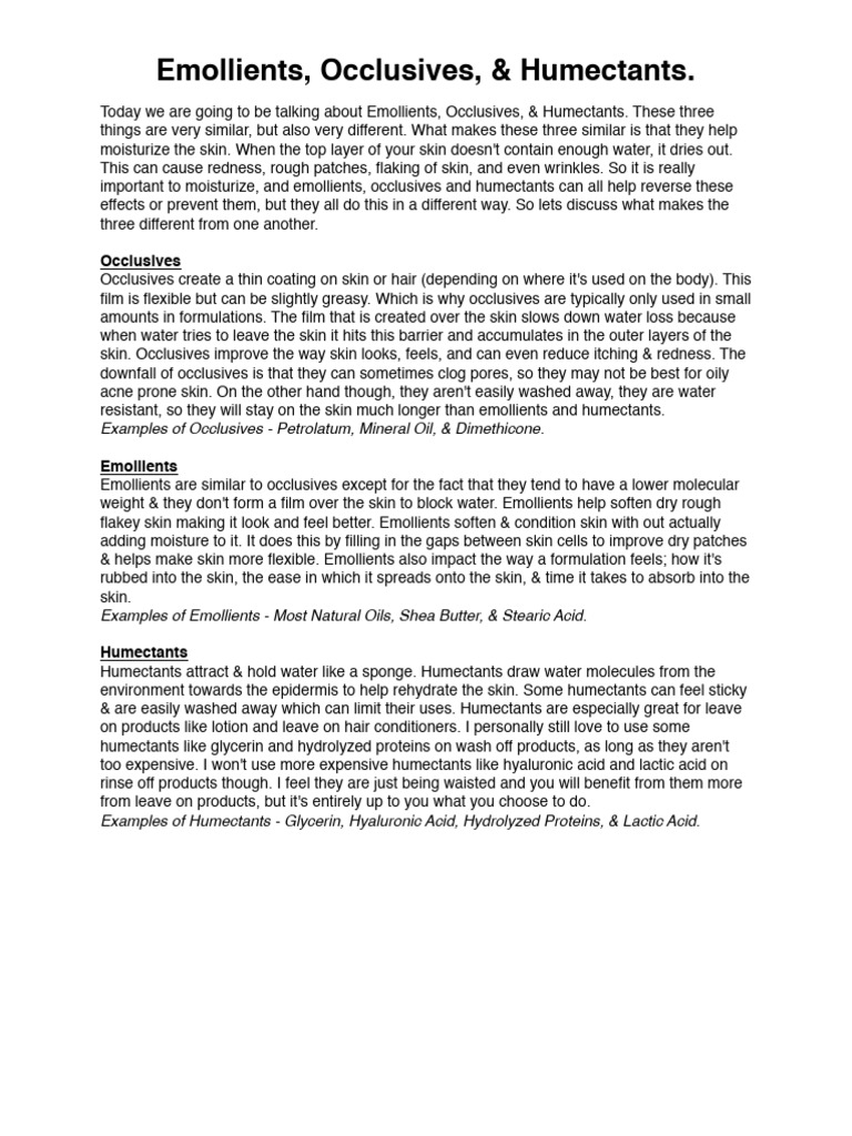Understanding Emollients, Occlusives, Humectants | PDF