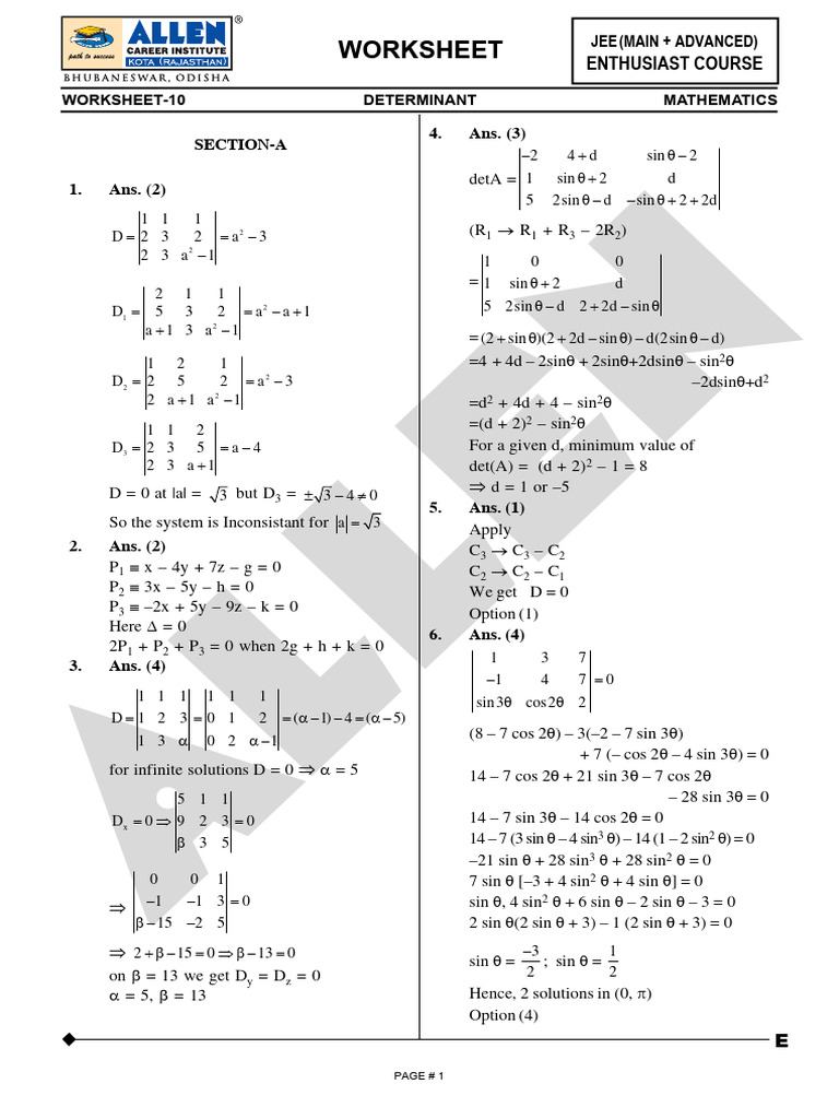 WS-10 Determinant SOL | PDF | Abstract Algebra | Elementary Mathematics