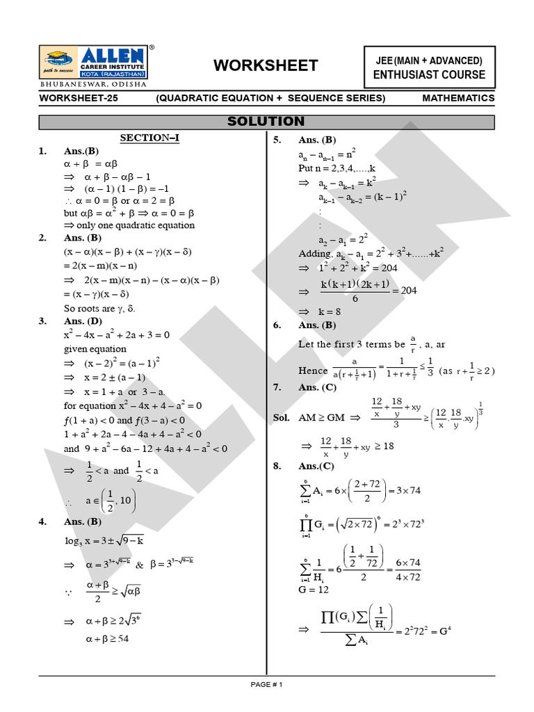 WS-25_QE & Seq & Series_JEE-MATH_20-11-2023_SC-SOL | PDF | Mathematics ...