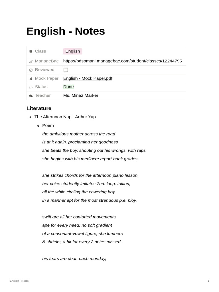 English - Notes | Download Free PDF | Poetry | Experience