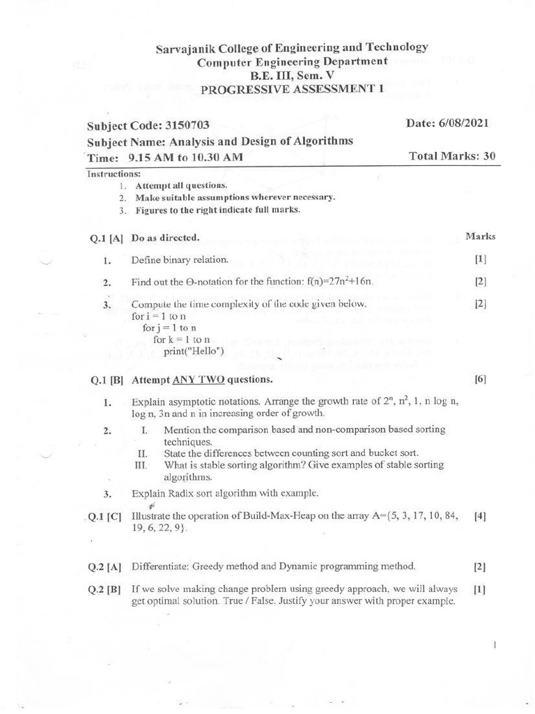 Analysis and Design of Algorithms | PDF