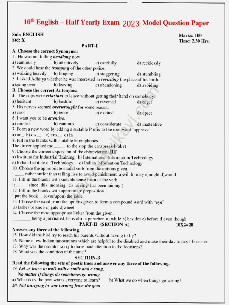10th English Half Yearly Exam 2019 Model Question Paper 2 PDF Download ...