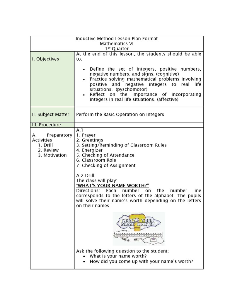 Lesson-Plan Week9 | PDF | Integer | Lesson Plan