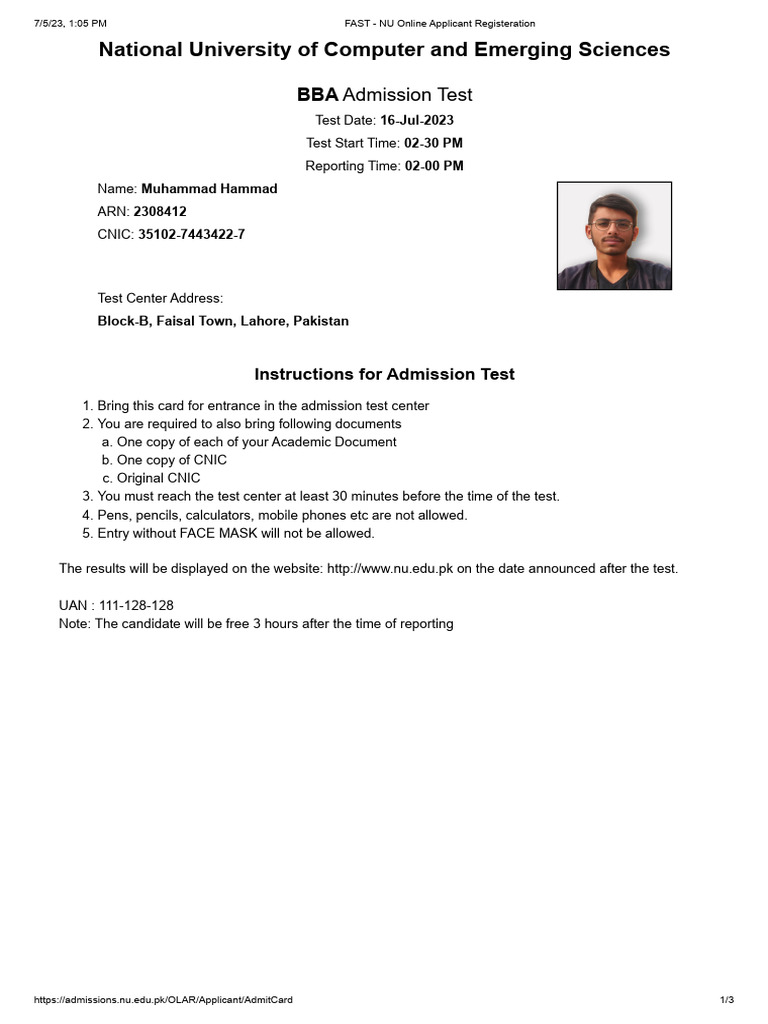 FAST - NU Roll No. Slip | PDF | Computer Science | Computing