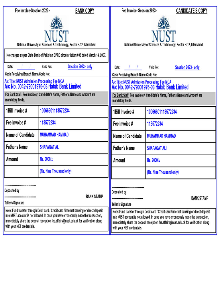 Nust Challan | Download Free PDF | Banks | Fee