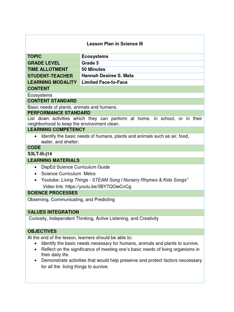 Grade 3 Ecosystems Lesson Plan | PDF | Learning | Science