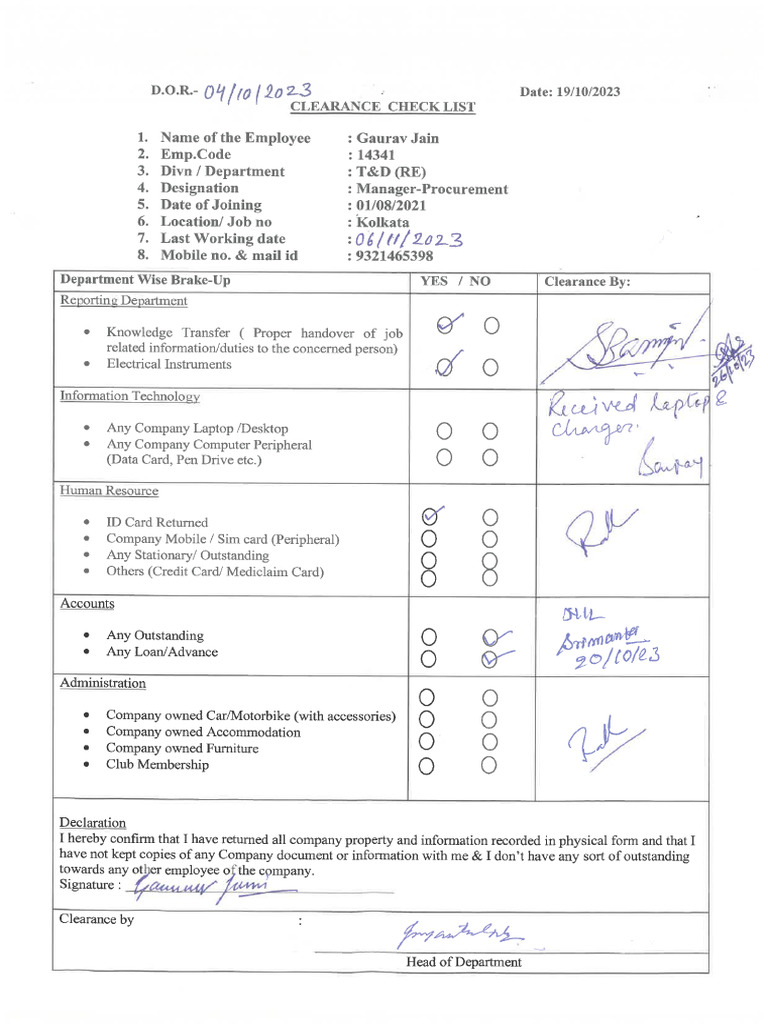 Clerance Checklist | PDF