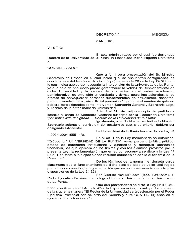 Decreto Intervercion ULP 1 | PDF | Universidad | Educación más alta