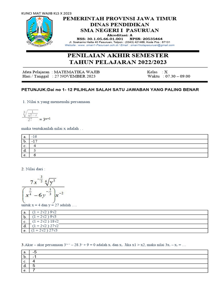 Soal Mat Wajib Kls X TH 2024 | PDF