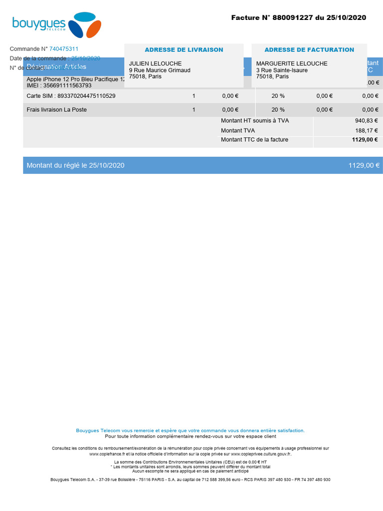 Bouygues Facture | PDF | Taxe sur la valeur ajoutée | Facture