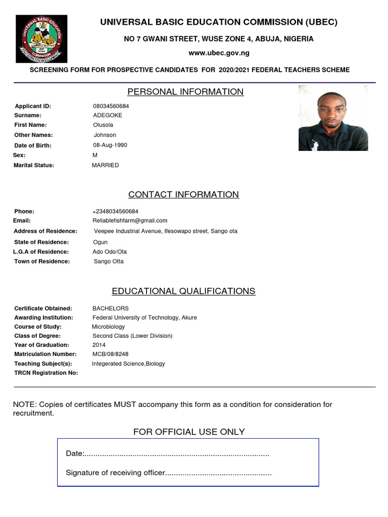 Personal Information: Universal Basic Education Commission (Ubec) | PDF