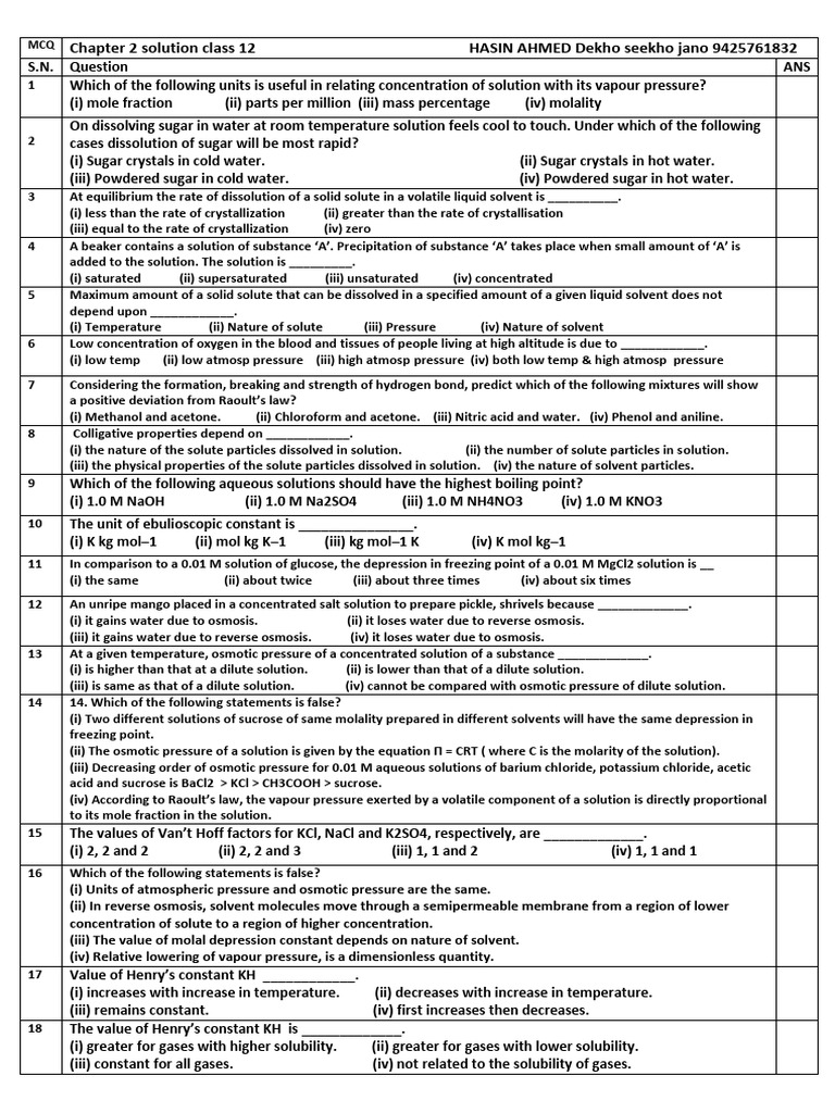 MCQ CH 2 Solutions | Download Free PDF | Osmosis | Chemistry