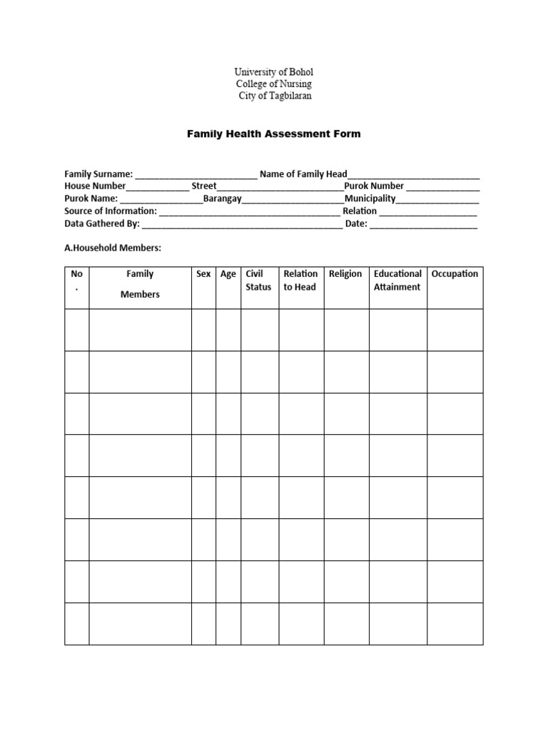 Family Health Assessment Form | PDF | Family | Sanitation