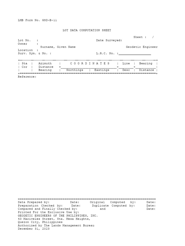 Lot Data Computation Sheet LMB Form No. GSD B 11 A4 Size Paper | PDF