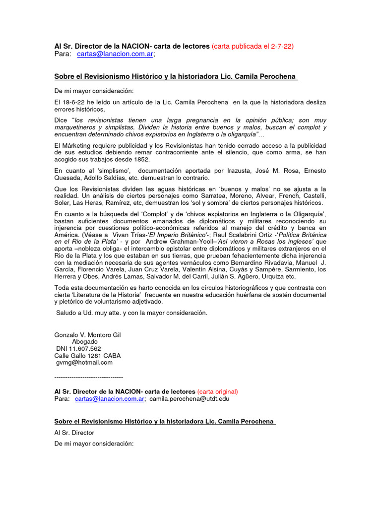 GVMG ('Carta de Lectores-A LA NACIÓN y A Camila Perochena') | PDF ...