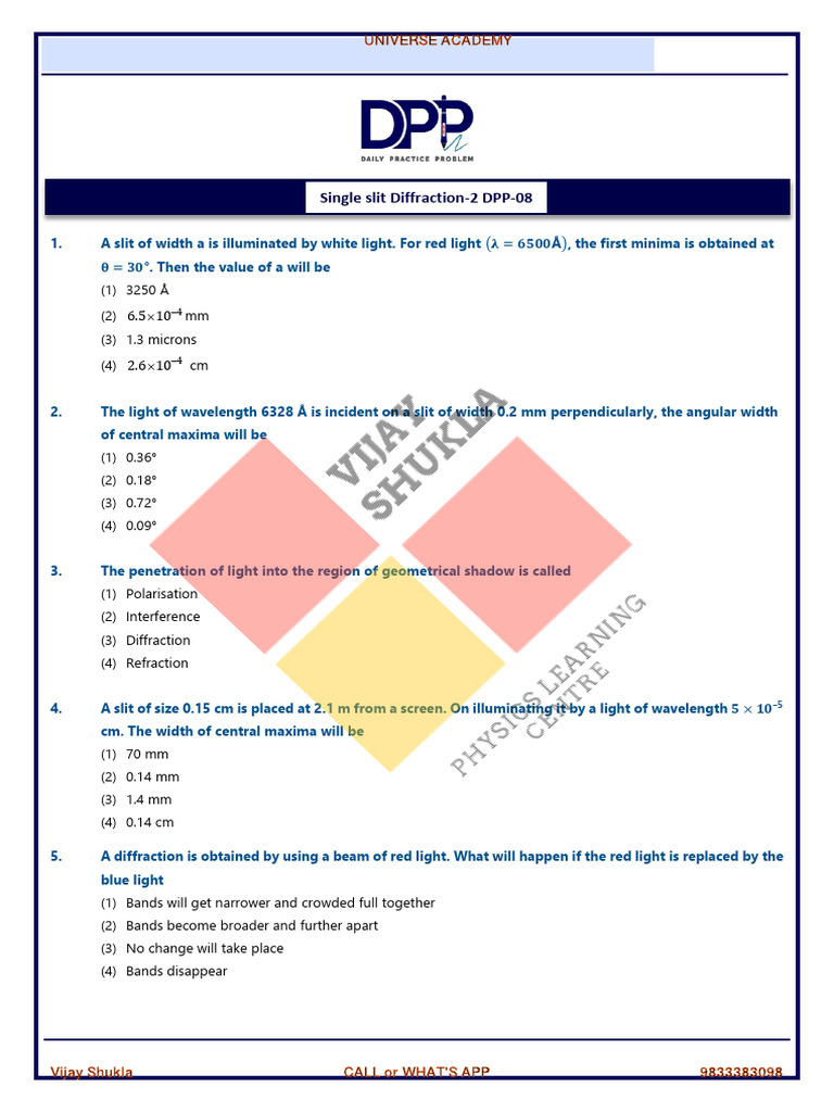 Single Slit Diffraction Dpp 8 Pdf Diffraction Wavelength