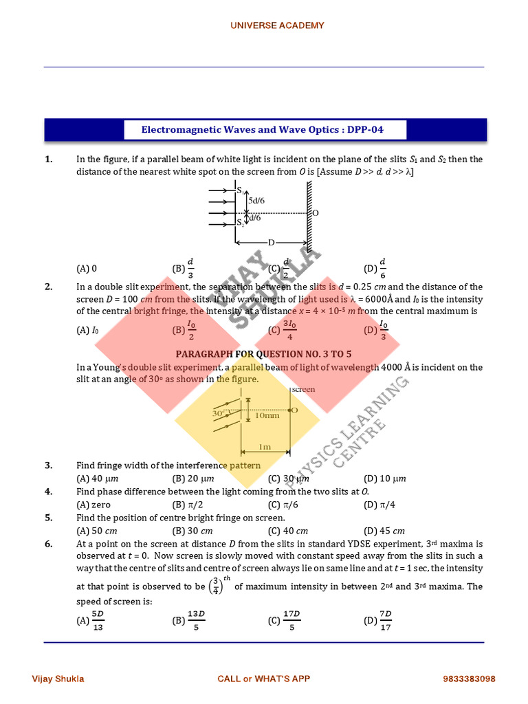 Wave Optics DPP 4 | PDF | Wavelength | Diffraction
