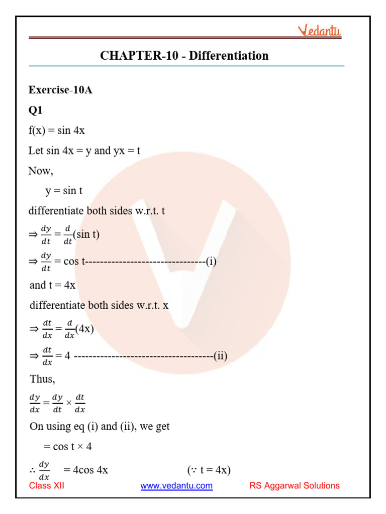 RS Aggarwal Class 12 Solutions Chapter-10 Differentiation | PDF ...