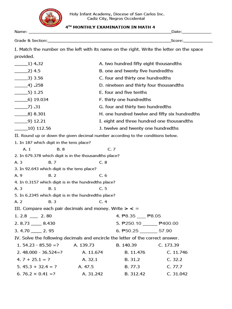 4TH Monthy Exam Math 4 | PDF