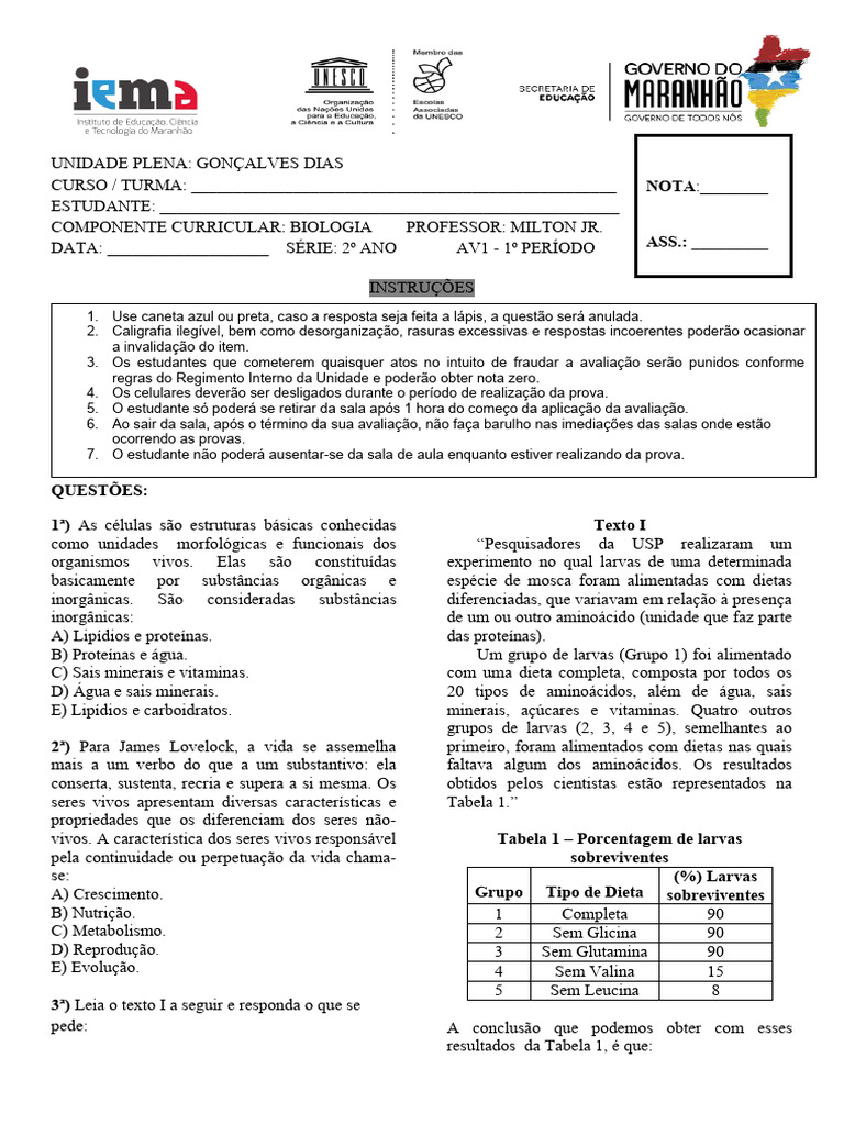 AV1 1º Período 2° Ano 2022 | PDF | Ecologia | Organismos