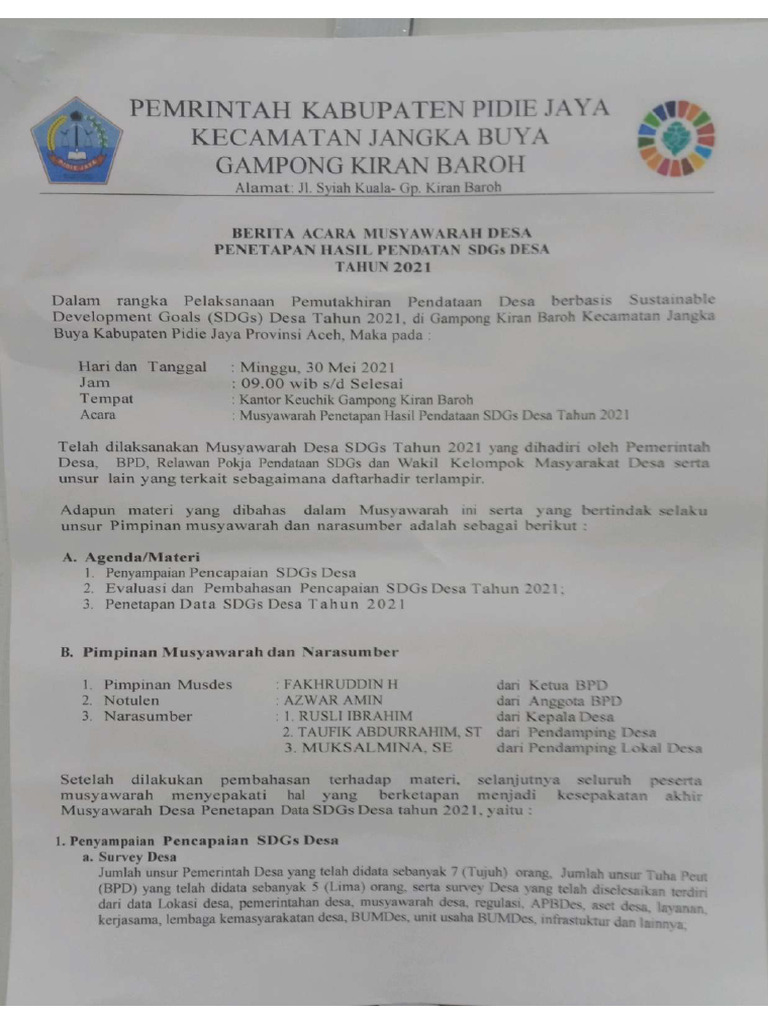 BERITA ACARA PENETAPAN SDGs Desa Kiran Baroh | PDF