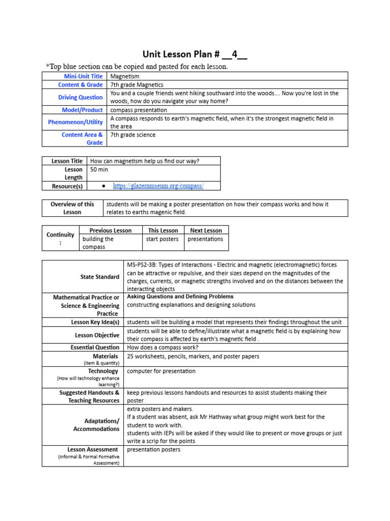 Lesson Plan Four | PDF | Magnetic Field | Magnetism
