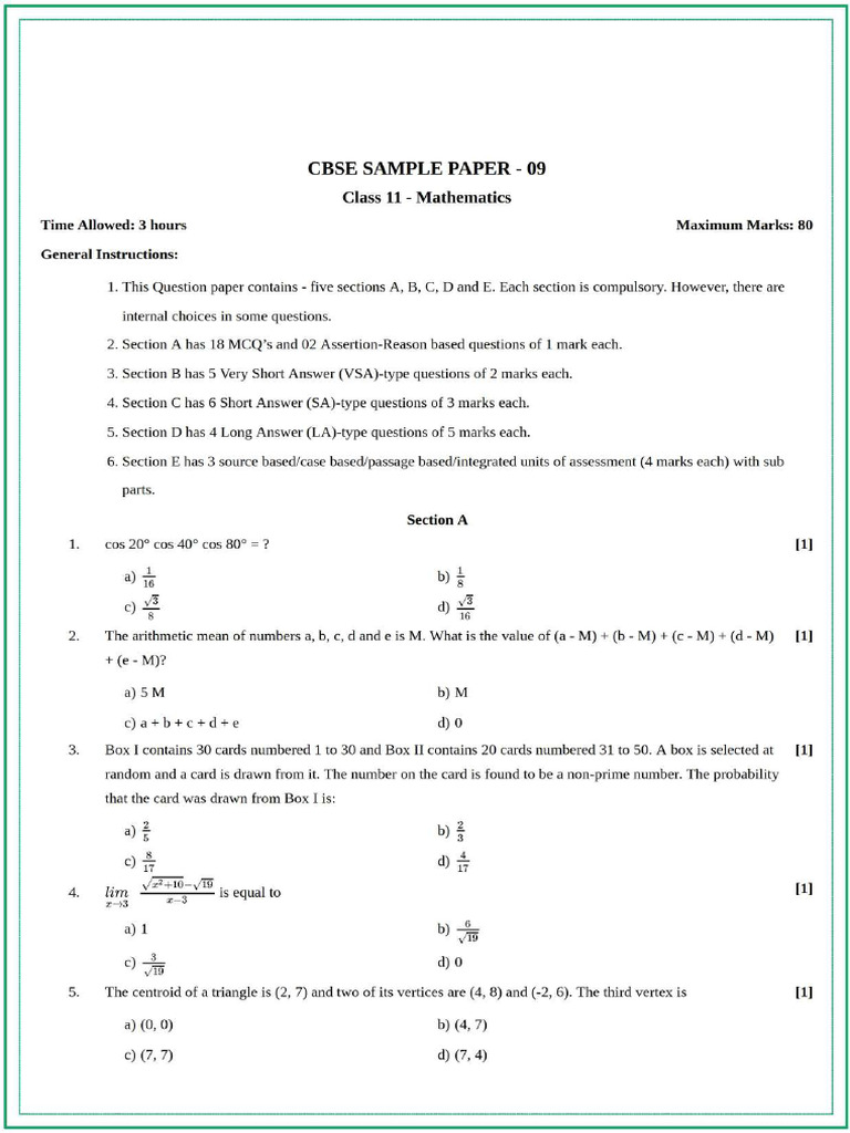 Class 11 Sample Paper 09 | PDF