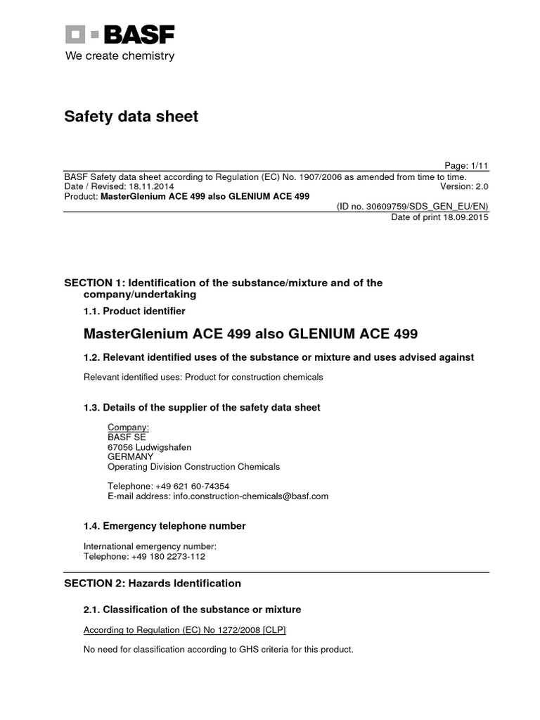 MSDS - Glenium ACE 499 Superplasticiser | Download Free PDF | Chemistry | Occupational Safety ...