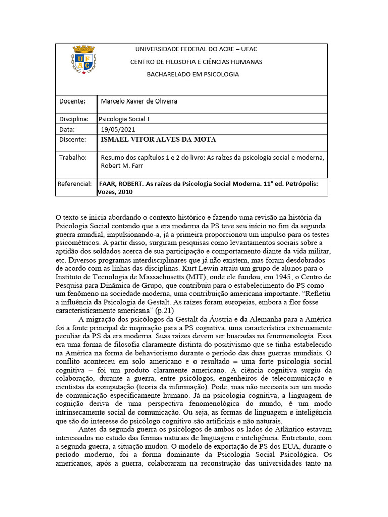 Resumo Do Cap 1 de Psicologia Social e Moderna | PDF | Psicologia ...